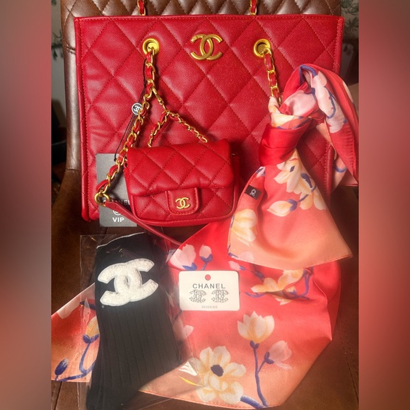 Chanel GWP | Bags | Chanel Gwp Red Quilted Tote With Gold Chain | Poshmark